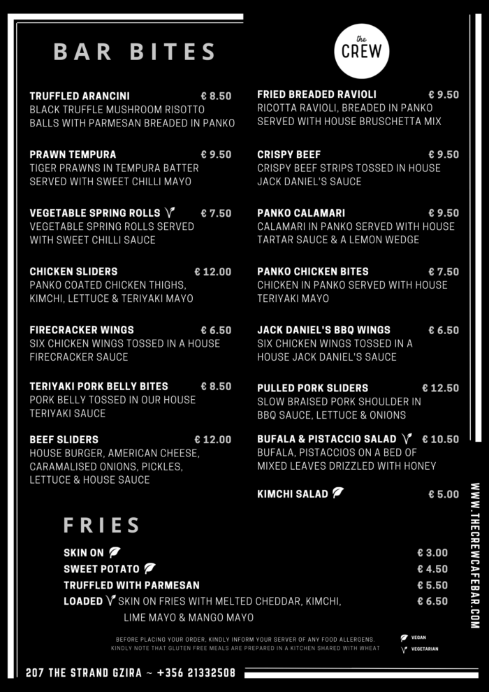 The Crew Cafe Bar | Menu